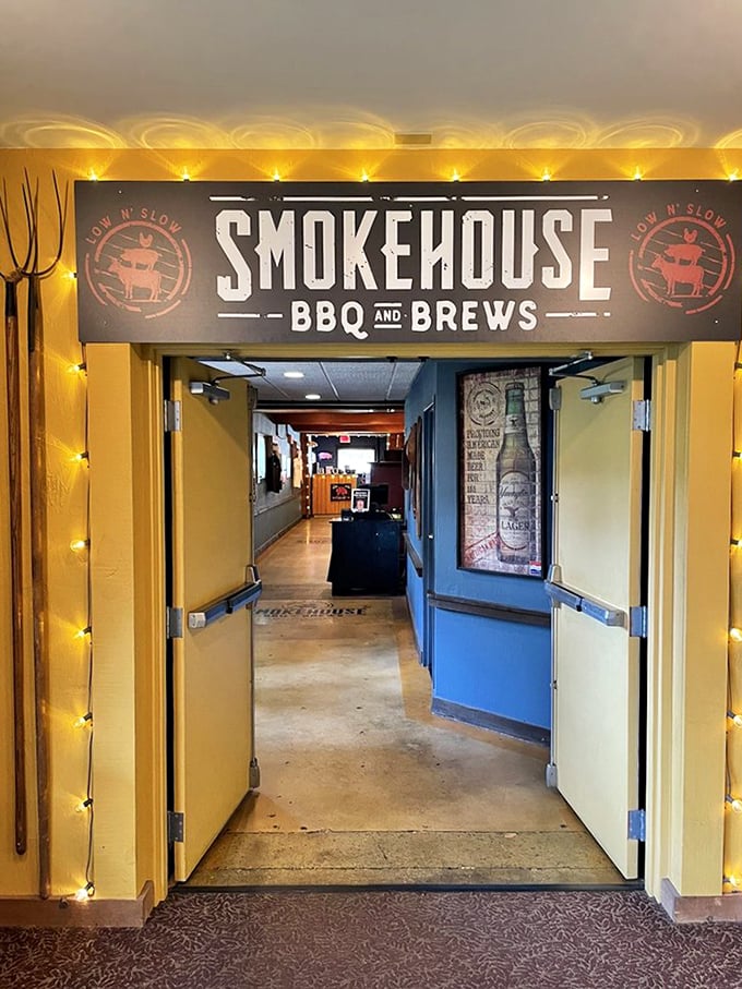 The entrance beckons like a portal to a smoke-infused dimension where calories don't count and napkins are essential survival gear.