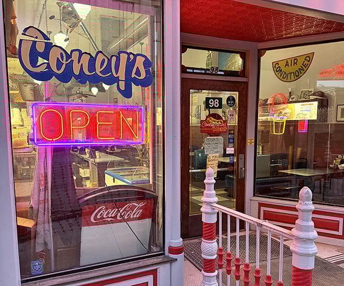 The entrance says "Coneys" and "OPEN"—two of the most beautiful words in the English language when you're hungry.