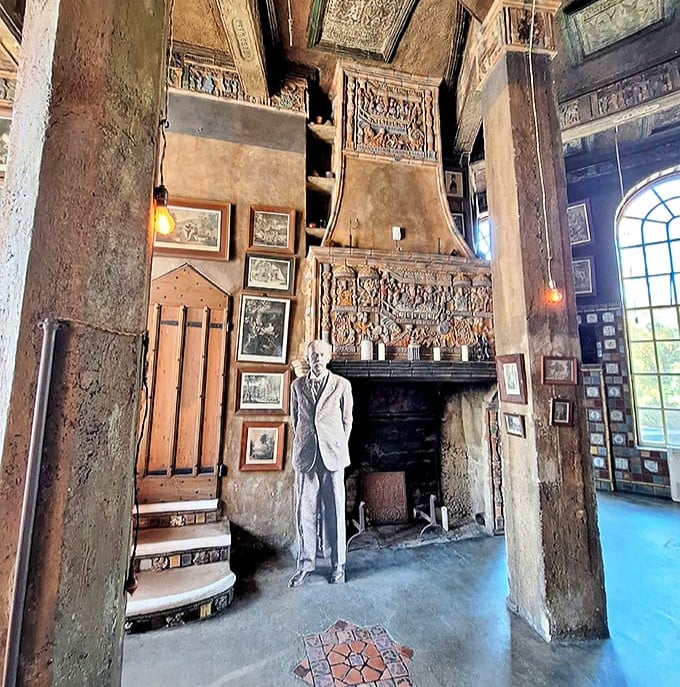 That fireplace isn't just for warmth – it's practically wearing jewelry with its elaborate tile embellishments.