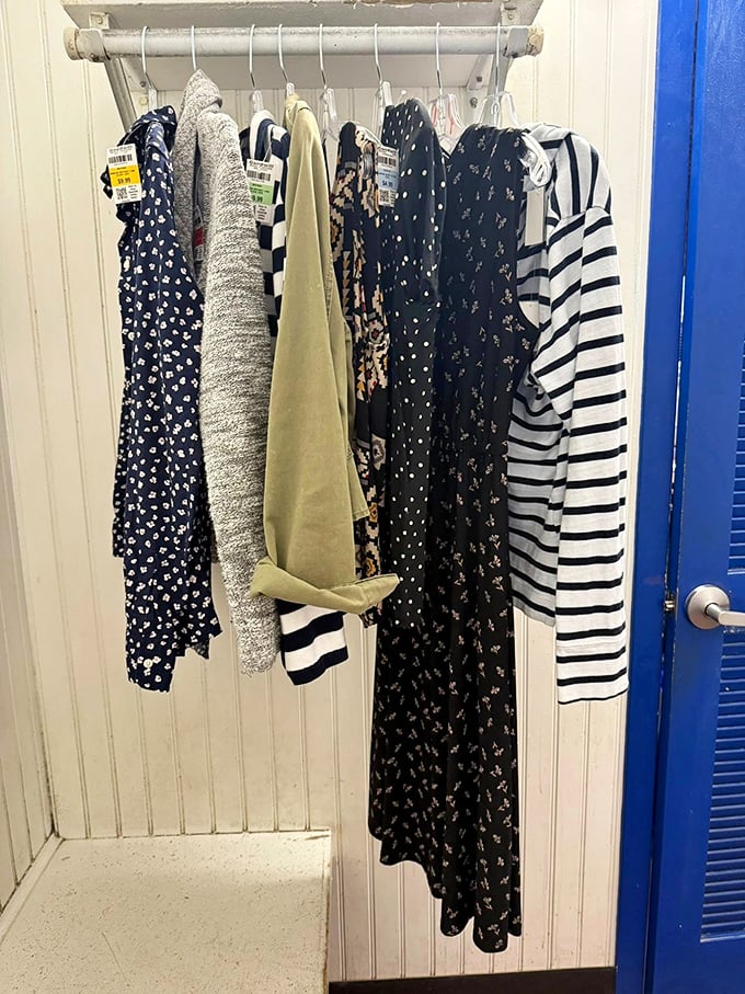The fitting room reveals the truth behind thrift store magic—these perfectly curated pieces waiting for their next fashion moment.