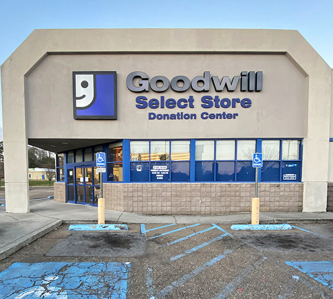 The Goodwill facade at golden hour—where budget-friendly retail therapy and community service meet under Mississippi skies.