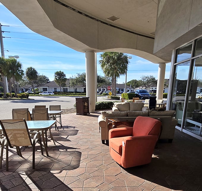 The outdoor furniture preview offers a taste of what awaits inside—like appetizers before the main thrifting feast.