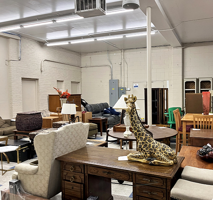 Furniture that's seen more family dinners than most therapists – plus a giraffe statue that's clearly the room's conversation starter.