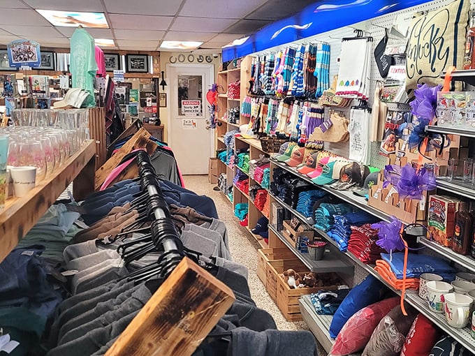 The gift shop isn't just merchandise; it's a colorful archive of Derby history where every t-shirt and trinket tells a Louisville story.