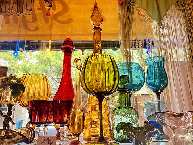 Vintage glassware catching the light like liquid jewels—because your cocktails deserve a backstory as interesting as the ones you'll tell.