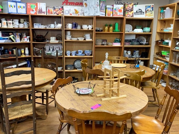 Dining sets that have hosted countless family meals now wait for new conversations. These oak tables have heard it all and kept every secret.