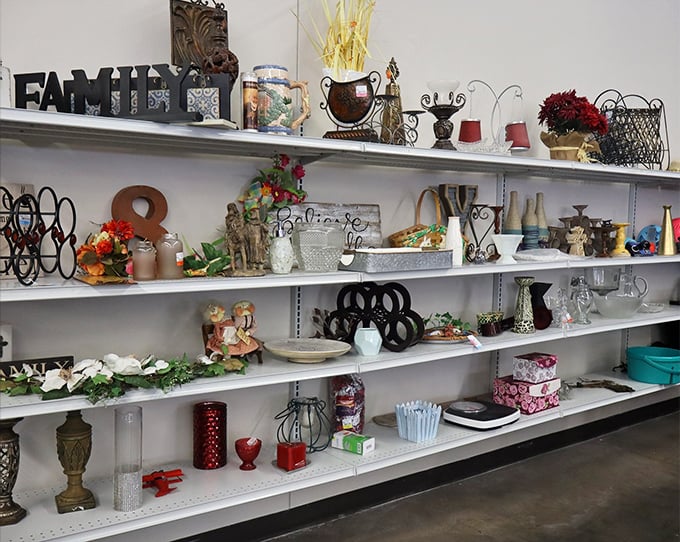 The word "FAMILY" stands sentinel over shelves of potential conversation pieces—each knickknack waiting for its "this old thing?" origin story.