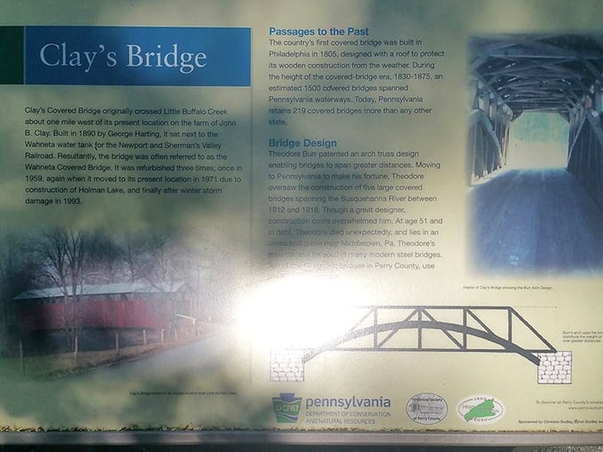 Clay's Bridge history on display—proof that before we had Wikipedia, we had these informative panels that didn't need Wi-Fi to work.