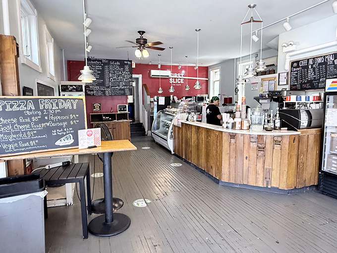Red walls that match the passion for perfect pie. This isn't just a cafe—it's a stage where pastry plays the starring role. 