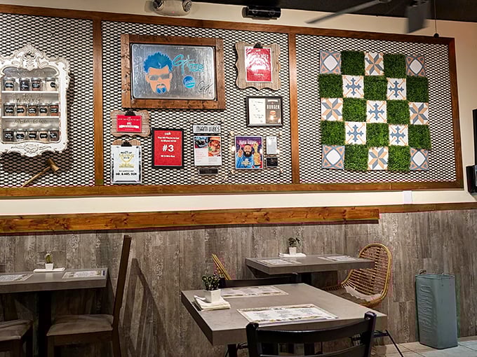 Wall art that tells stories between bites. Awards and mementos showcase a restaurant that's earned its place in Miami's competitive food scene.