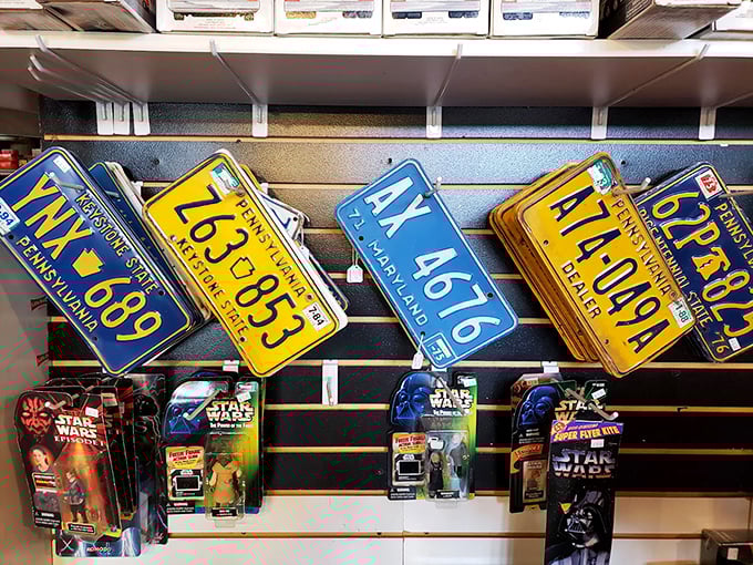 License plates and Star Wars figures—a perfect snapshot of American obsessions, hanging side by side in nostalgic harmony.