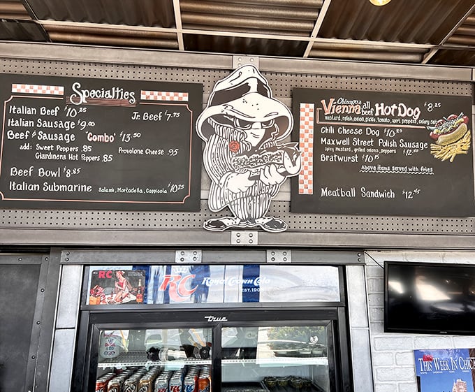 Menu boards showcase the stars of the show, presided over by the restaurant's gangster-themed mascot – Chicago attitude included.