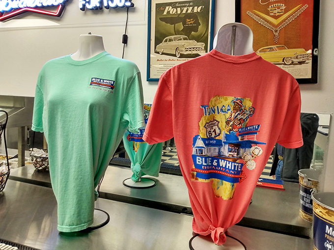Souvenir t-shirts that say "I didn't just eat here, I experienced something worth remembering"—Highway 61 memorabilia at its finest.