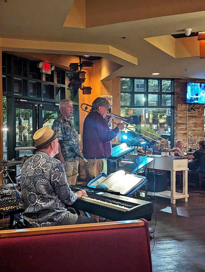 Live jazz adds sophisticated background music to dinner—because shopping works up an appetite best satisfied with live trombone accompaniment.
