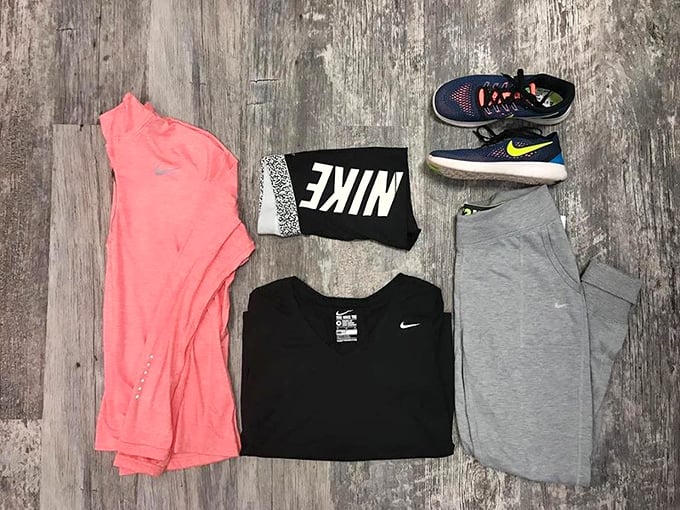 The perfect Nike workout ensemble laid out like a fitness invitation – athletic wear that won't make your credit card break a sweat.
