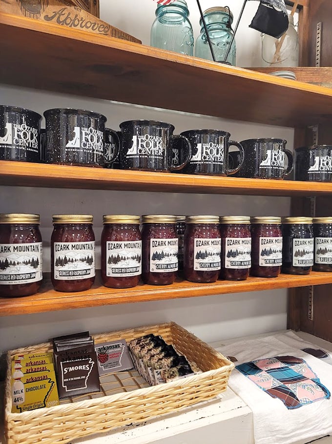 The gift shop shelves showcase local jams and mugs—edible souvenirs that let you take a taste of Mountain View home with you.