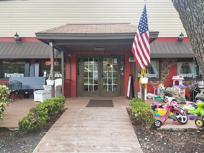 The welcoming entrance, complete with children's outdoor toys, announces this isn't just shopping—it's community recycling at its most joyful.
