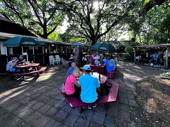 Outdoor dining under the shade of ancient oaks—where conversations flow as easily as the coastal breeze through Spanish moss.