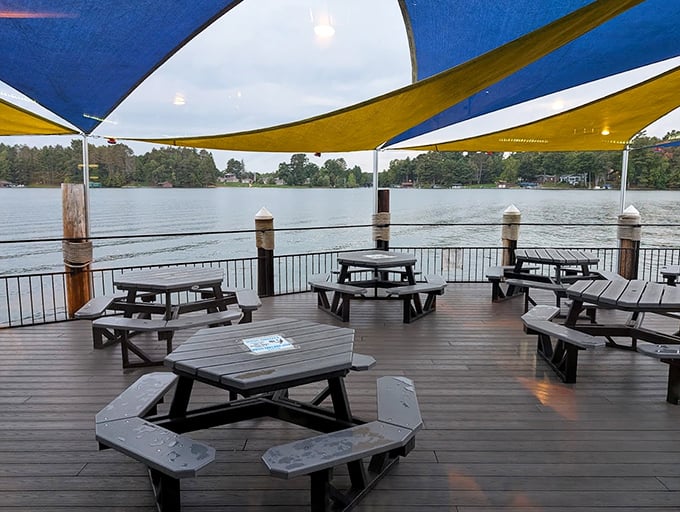 Lakeside dining under colorful canopies—because the only thing better than great food is enjoying it with a water view.