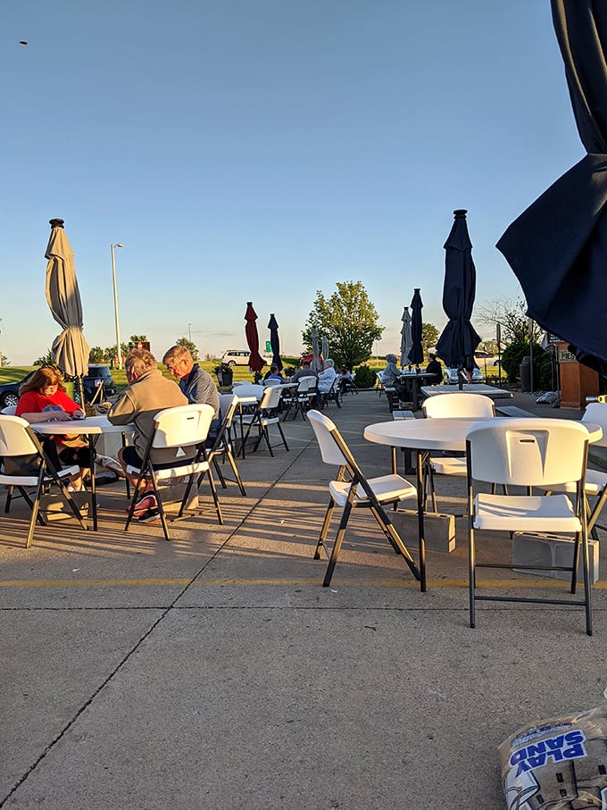 The patio at dusk – where summer evenings stretch out like the cornfields beyond, and dessert seems like the only reasonable next decision.