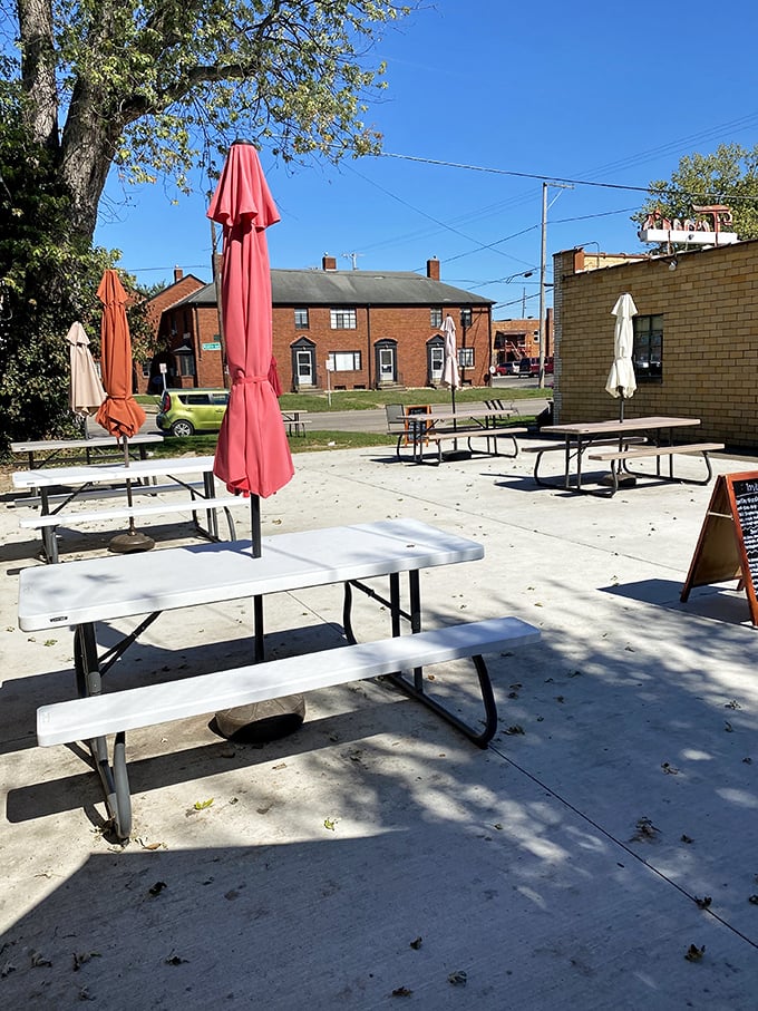 The outdoor patio—where on perfect Ohio days, ice cream tastes even better under blue skies and dappled shade.