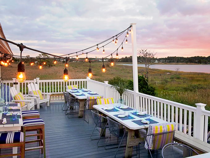 The sunset deck offers magical dining under string lights, with salt marsh views that soothe the soul.