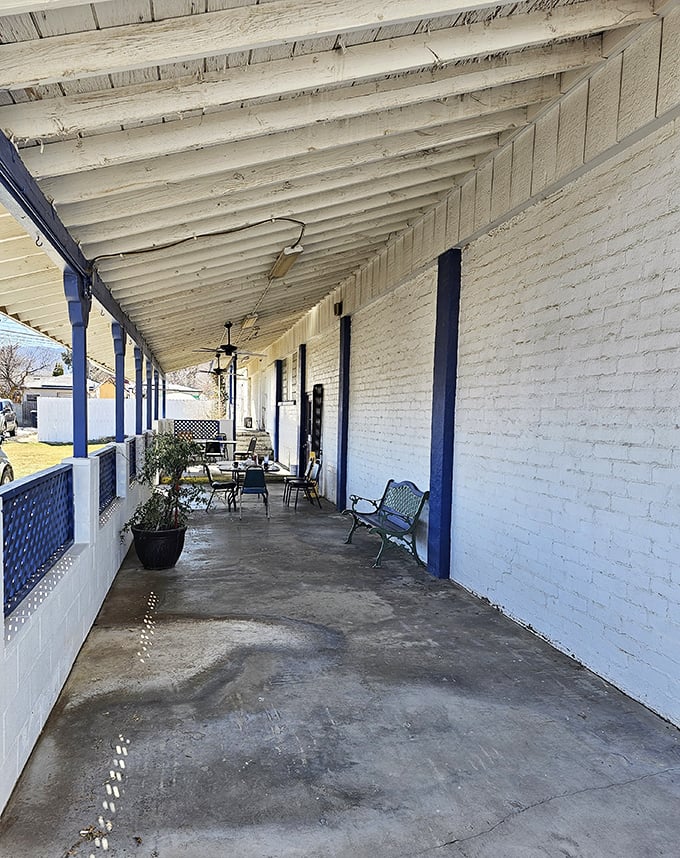 The covered porch offers a moment of quiet reflection before or after your meal—a charming touch of small-town hospitality.