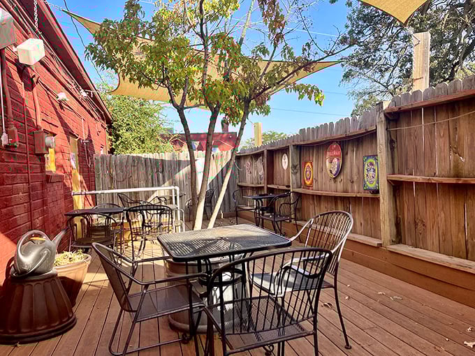 The outdoor patio offers a peaceful wooden sanctuary for enjoying ocean treasures under Nebraska skies. Urban dining with backyard comfort.