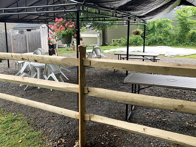 Outdoor seating for when Connecticut weather cooperates—casual, unfussy, and perfect for enjoying those chilaquiles in the fresh air.