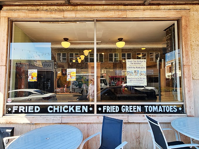 The storefront view that stops passersby in their tracks. Those outdoor tables aren't just seating – they're front-row tickets to downtown Laurel's daily show.