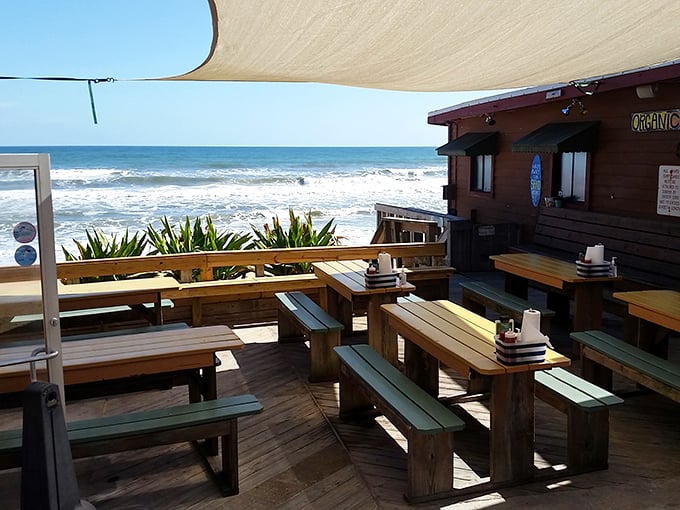 Picnic tables with million-dollar views. The kind of outdoor seating that makes you wonder why restaurants bother with walls at all.