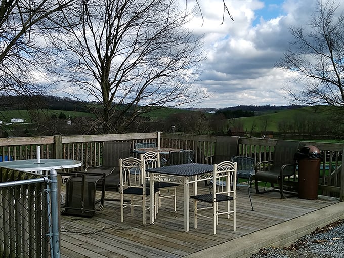 The outdoor deck – where you can contemplate the rolling hills of Holmes County while contemplating how many donuts constitute "too many."