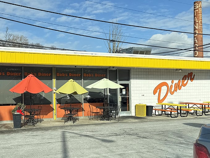 Even the outdoor seating sports the signature yellow and orange—like sitting inside a sunrise while you devour breakfast at any hour. 