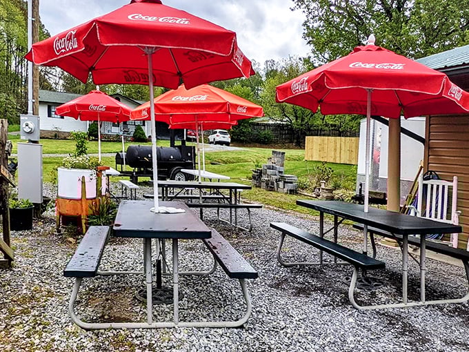 Picnic tables under Coca-Cola umbrellas – because sometimes the best meals happen in the fresh mountain air.