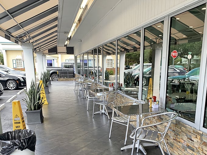Outdoor seating for those who prefer their bagels with a side of Florida sunshine. Metal chairs never looked so inviting.