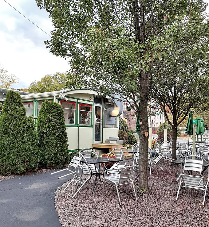 When Pennsylvania weather cooperates, outdoor seating adds fresh air to the menu—though the real magic happens inside that stainless steel capsule.