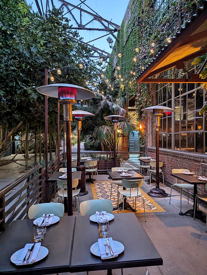 The ivy-covered patio with string lights feels like stumbling into a secret garden where pasta dreams and cocktail wishes come true.