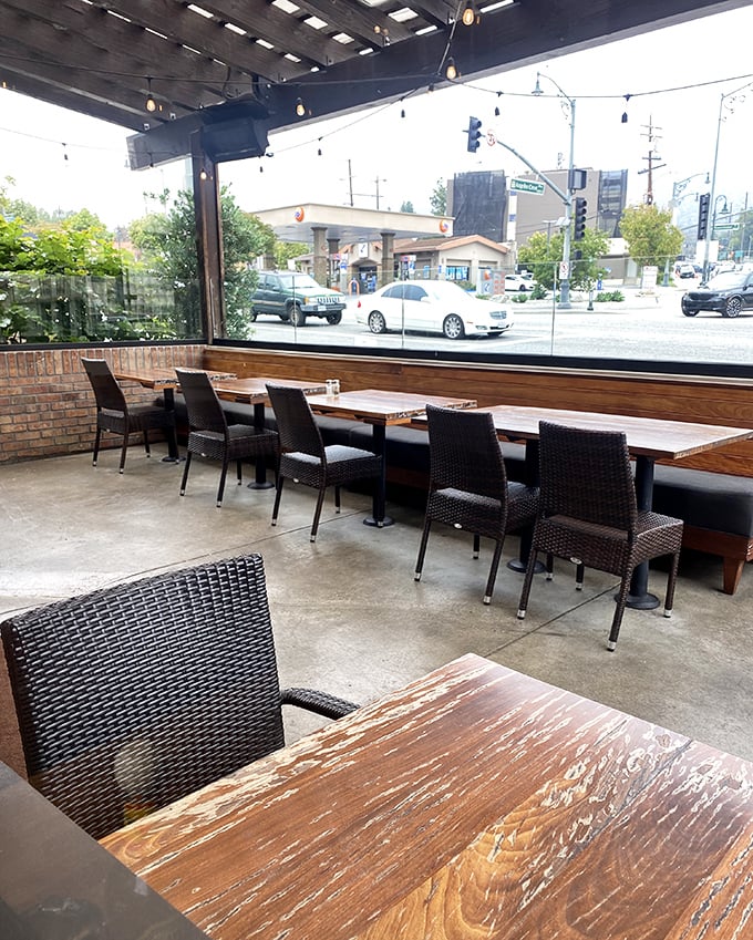 Patio seating with a view of La Cañada life passing by. The perfect spot for people-watching while enjoying your bacon avocado burger in the California sunshine.