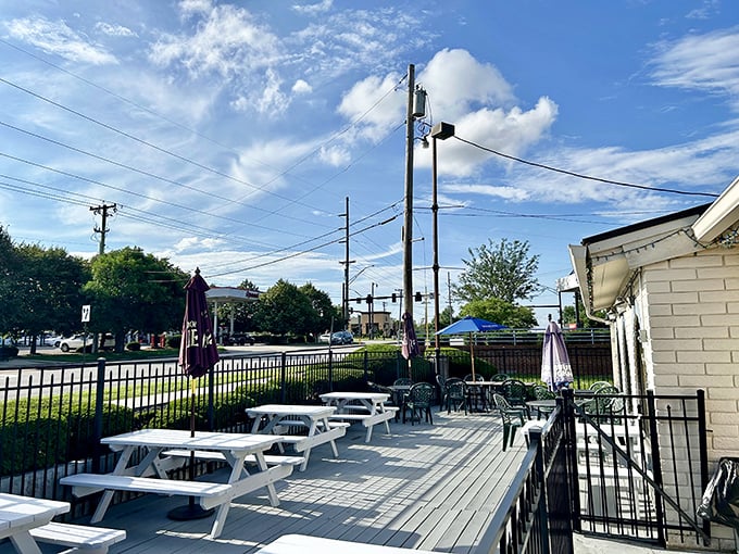 The outdoor patio offers al fresco dining under Ohio skies – a perfect spot for summer evenings with a glass of wine.