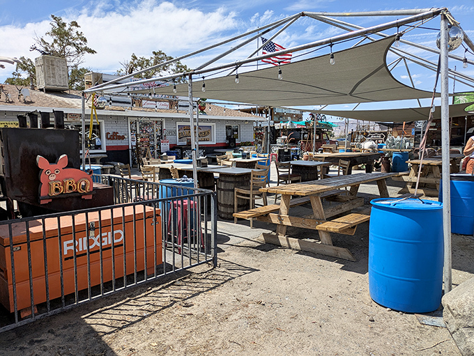 Al fresco dining where desert breezes enhance every bite. Picnic tables under shade sails creating the perfect oasis for enjoying those legendary beef ribs.