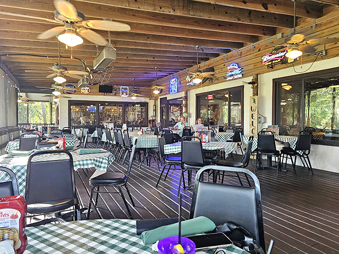The screened patio offers a more civilized dining experience, where the only wildlife is what's passing by outside—or on your plate.