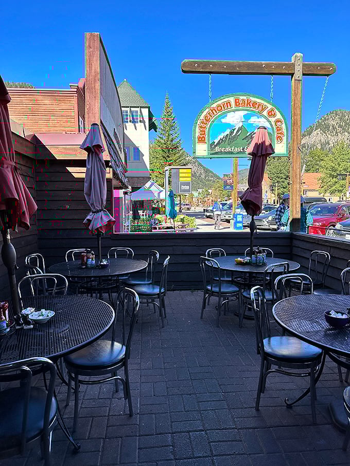The outdoor seating area offers front-row tickets to the best show in town: breakfast with a side of Rocky Mountain majesty.