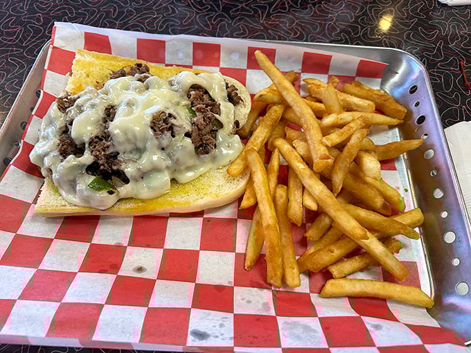 This isn't just a Philly cheesesteak—it's a diplomatic mission bringing Philadelphia's finest contribution to civilization deep into Ohio territory.
