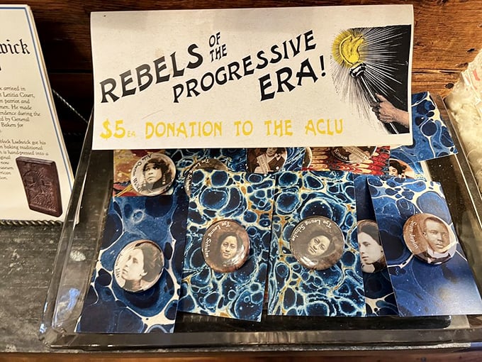 Rebels of the Progressive Era buttons displayed on marbled paper—proof that even candy shops in Philadelphia can't escape the city's revolutionary spirit and historical conscience. 