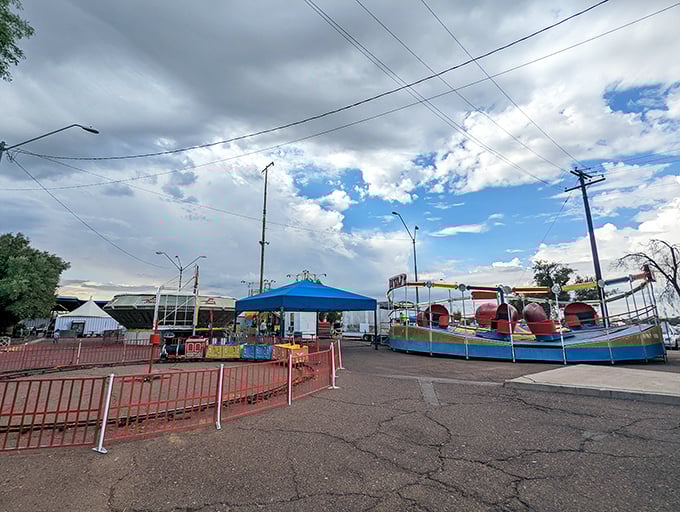 Carnival rides add a touch of county fair magic to the marketplace experience. Shopping and spinning – a complete weekend adventure!