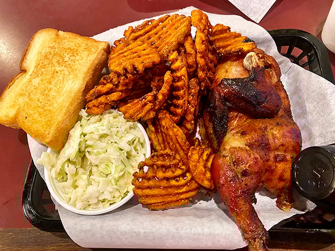 Chicken that's had a more perfect smoke than your uncle's vintage Marlboros. That crispy, mahogany skin is the stuff of dreams. 