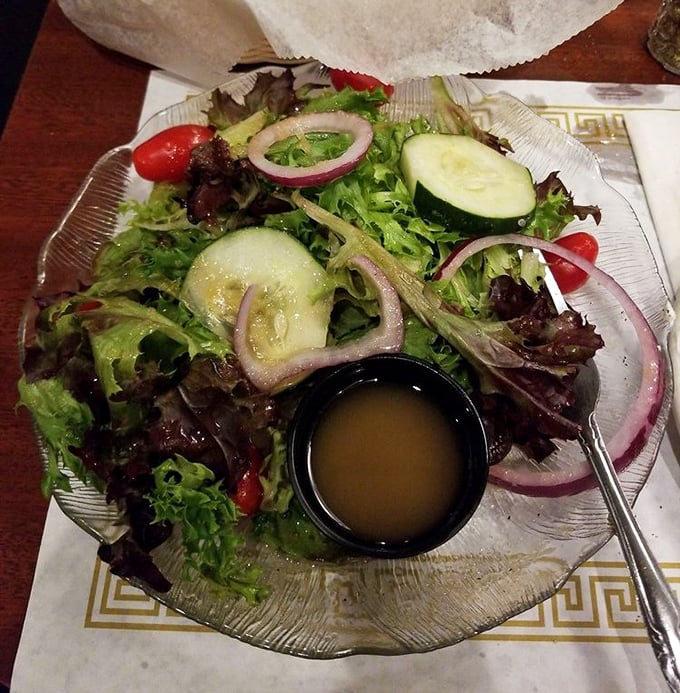A house salad that defies the barbecue joint stereotype—fresh, colorful, and thoughtfully composed, because even smoke-lovers need their vegetables.