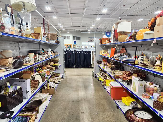 Home décor heaven stretches down this aisle where someone's discarded tchotchkes become another's mantel masterpieces. That clock might just be ticking toward your living room.