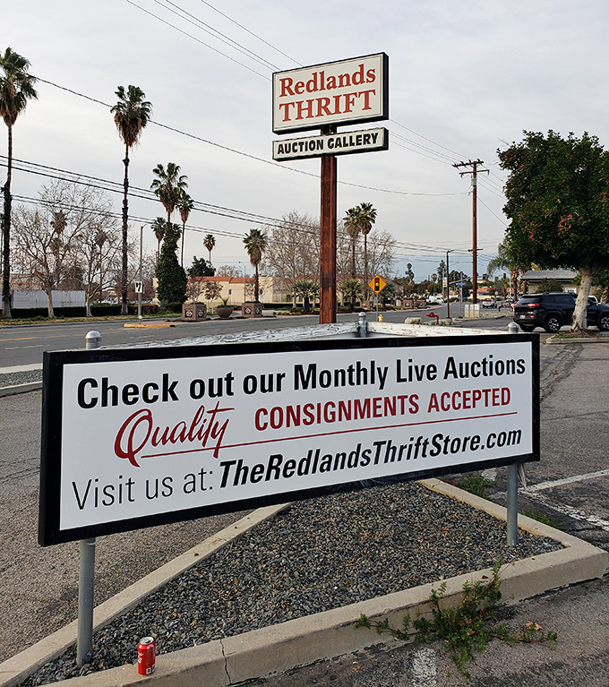 The roadside sign promises monthly auctions and quality consignments, a siren call to those who understand thrifting is both sport and art form.