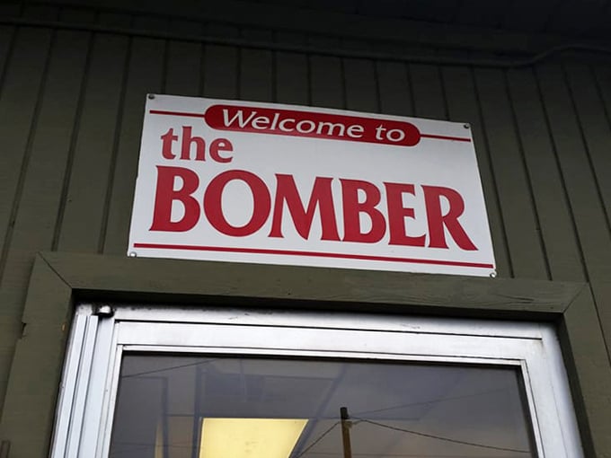 Even the signage keeps it simple: "Welcome to the Bomber" – no fancy fonts needed here.